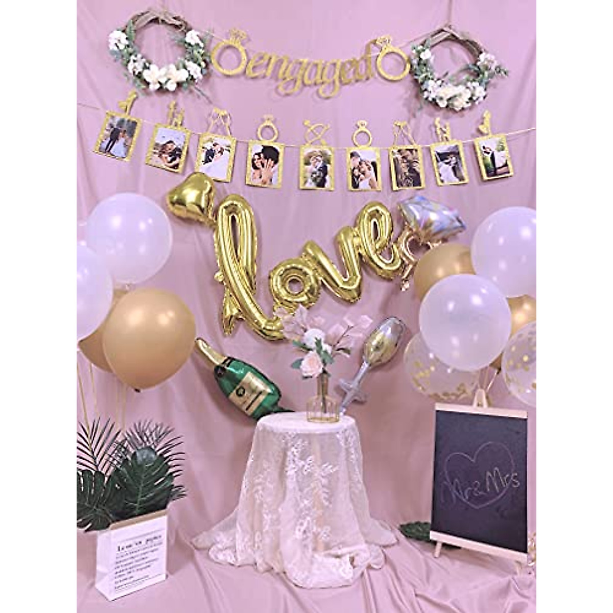Engagement Wedding Decorations,Gold Engaged Banner, Photo Banner and Set of 12+5 distinctive Balloons for Engagement/Wedding/Anniversary/Valentines Day Party