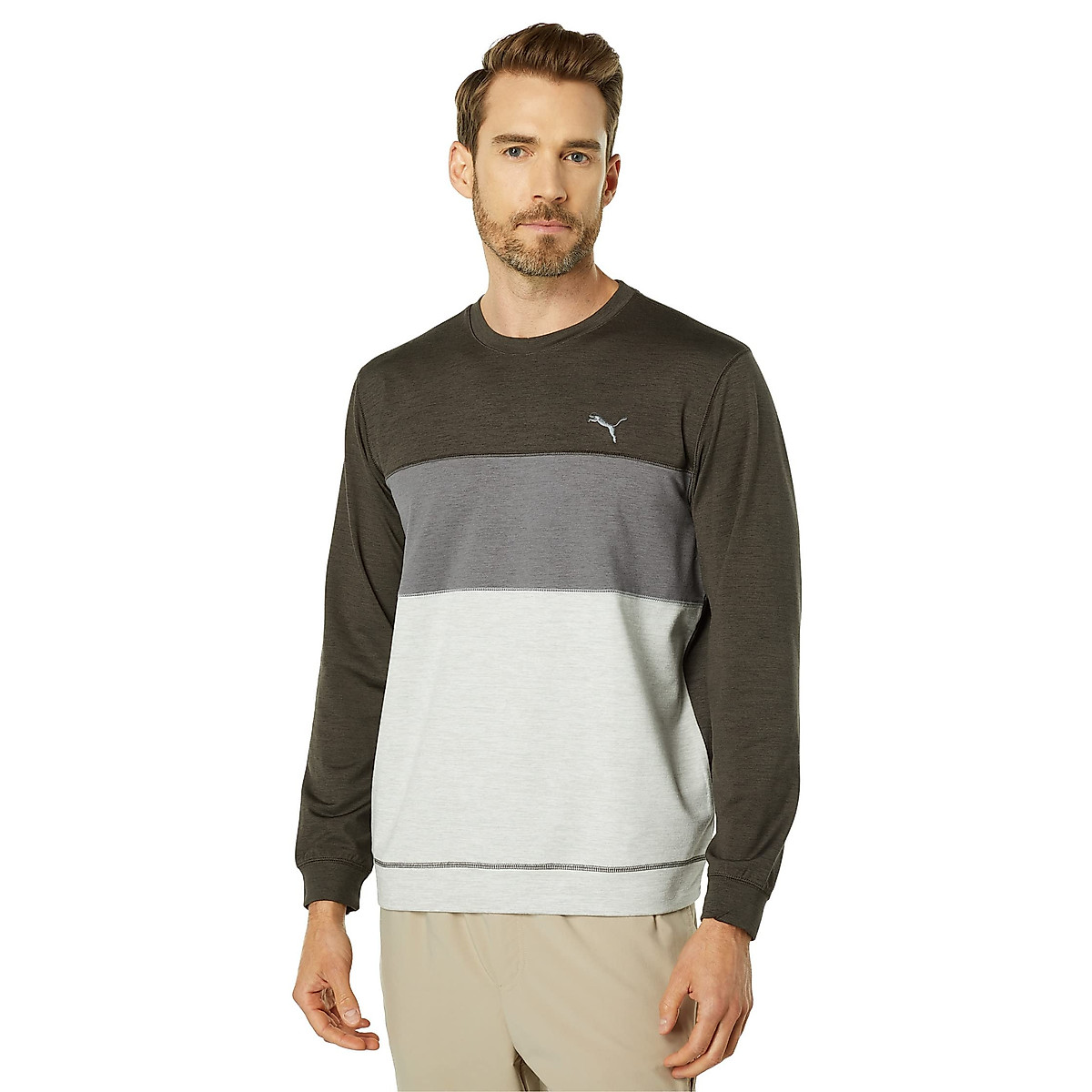 Puma Golf Men's CLOUDSPUN COLORBLOCK CREWNECK, Puma Black Heather-High Rise Heather, S
