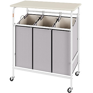 VEVOR 3-Section Laundry Sorter Cart with Ironing Board, Laundry Hamper with Heavy Duty Lockable Wheels and 3 Removable Bag, Rolling Laundry Basket Sorter for Clothes Storage