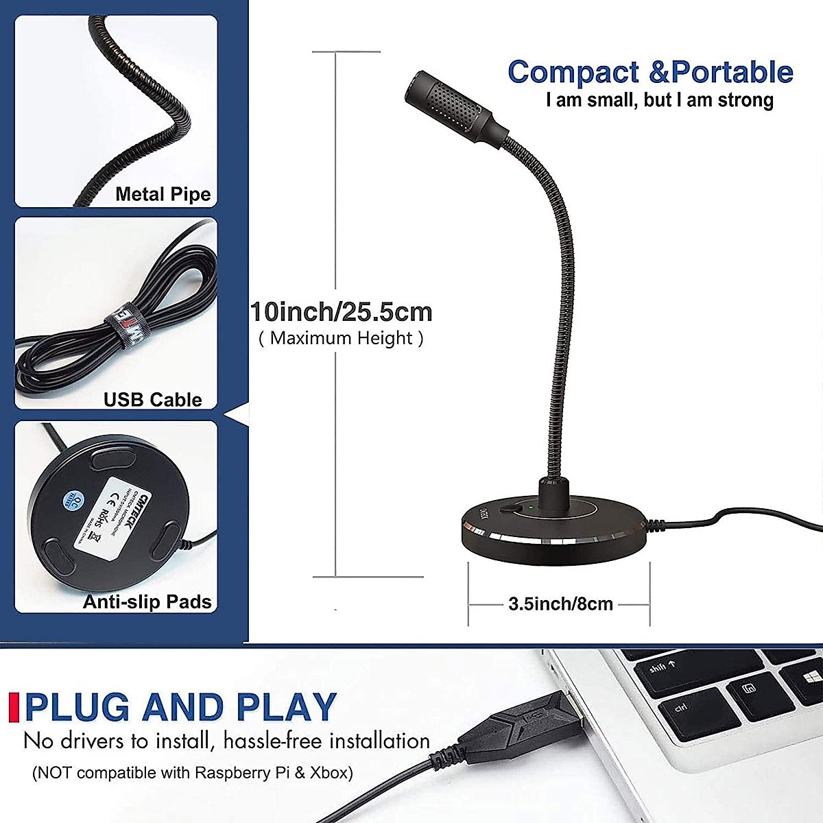 CMTECK USB Computer Microphone G009, Noise-Cancelling Recording Desktop Mic for PC/Laptop for Online Chatting, Home Studio, Podcasting, Gaming, Skype, YouTube with Mute Function(Windows/Mac)