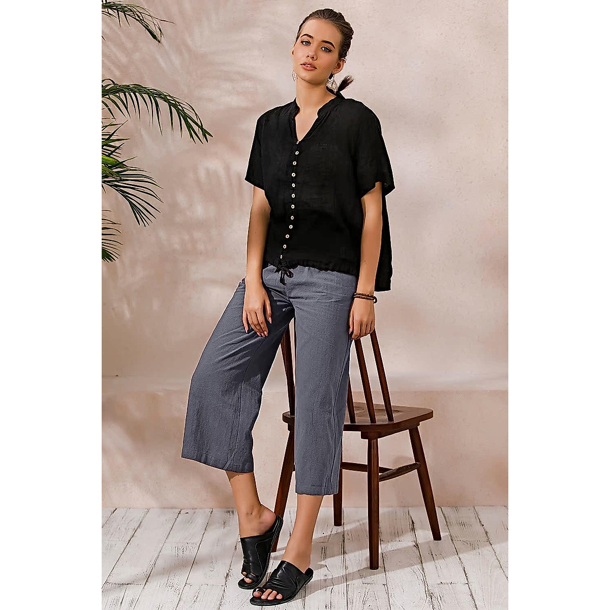 ECUPPER Womens Cotton Cropped Pants Loose Fit Wide Leg Capri Casual Plus Size Elastic Waist Trousers Gray S