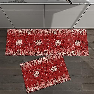 Christmas 2Pcs Kitchen Rugs, Anti Fatigue Kitchen Mat Non Slip Rug Runner Comfort Standing Floor Mats Kitchen Carpet Set for Sink, Laundry - Christmas Snowflakes with Plants Red Texture