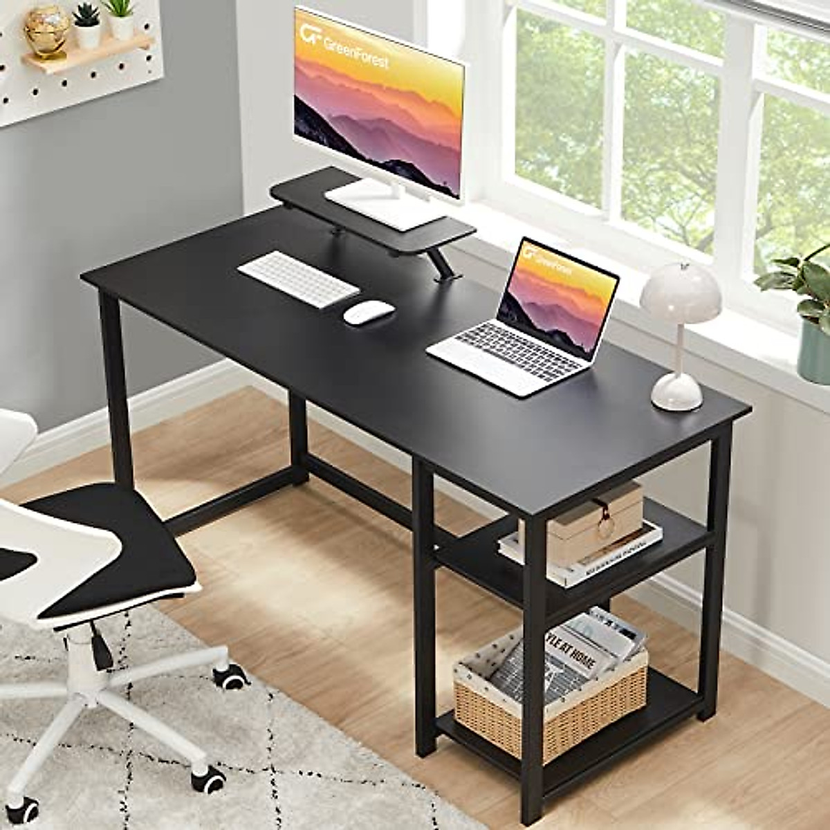 GreenForest Computer Home Office Desk with Monitor Stand and Storage Shelves on Left or Right Side,47 inch Modern Writing Study PC Laptop Work Table,Black