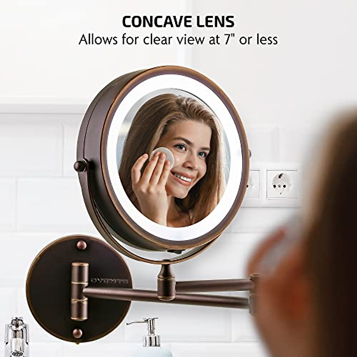 OVENTE 7" Lighted Wall Mount Makeup Mirror - 1X/ 10X Magnification, Battery Powered Glow Cosmetic Light up, Spinning 360-Degree, Double Sided LED, Extendable, Folding Arm, Antique Bronze MFW70ABZ1X10X