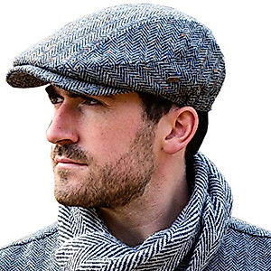 Men's Authentic Irish Wool Flat Cap - Traditional Herringbone Style, Made in Ireland, Gray, Medium