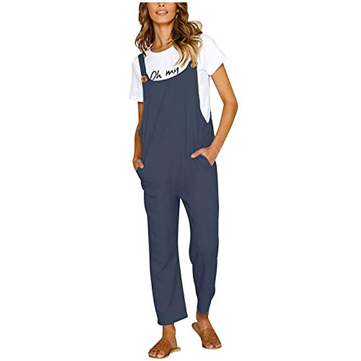 Sdeycui Women Casual Sleeveless Pockets Linen Rompers Long Pants Jumpsuits Pocket(Blue, XXL)