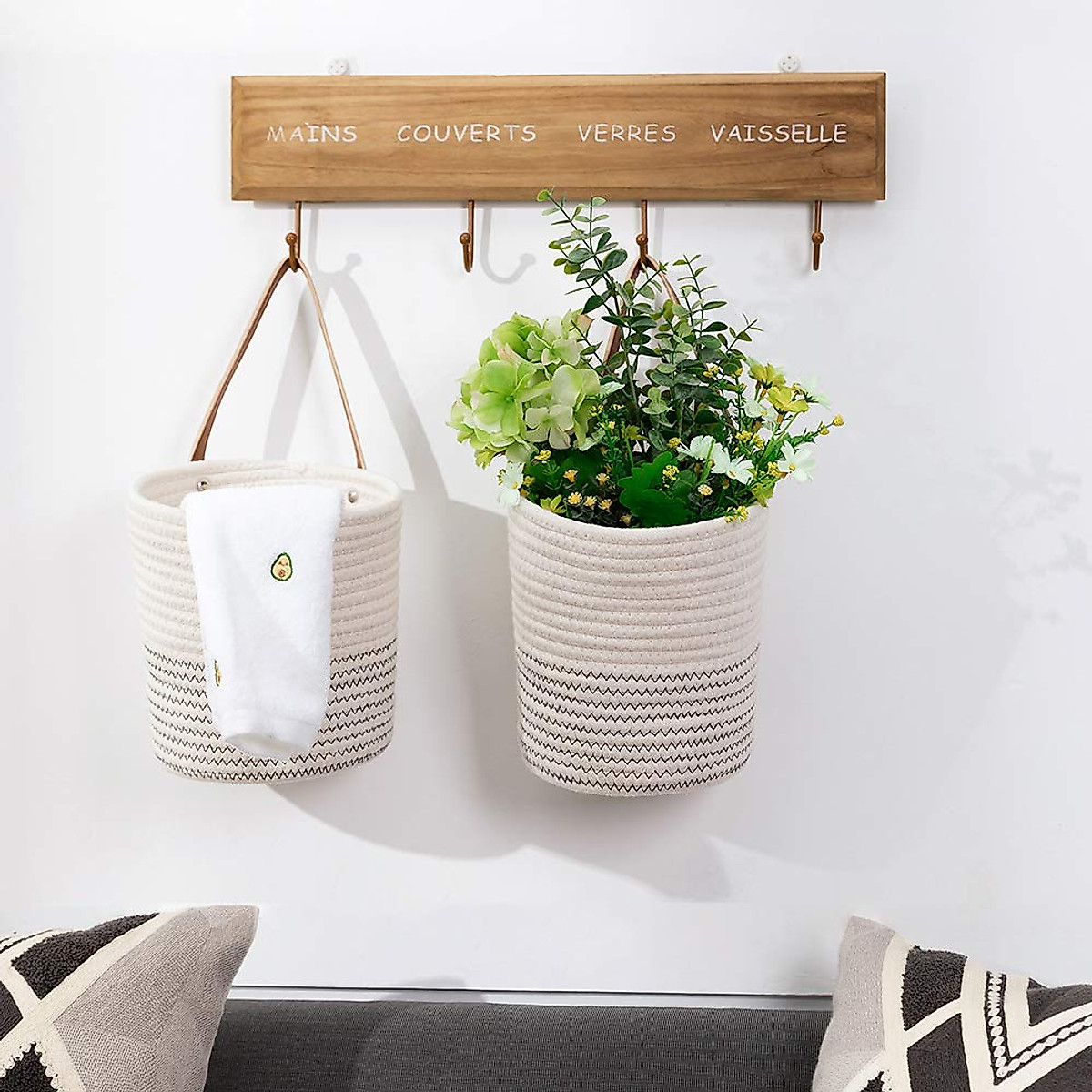HIGOGOGO 2 Pack Wall Hanging Cotton Storage Baskets, Small Rope Baskets with Leather Handle Door Closet Organizer Woven Baskets for Keys, Wallet, Plants, Towels, Toys, 7.87" x 7"