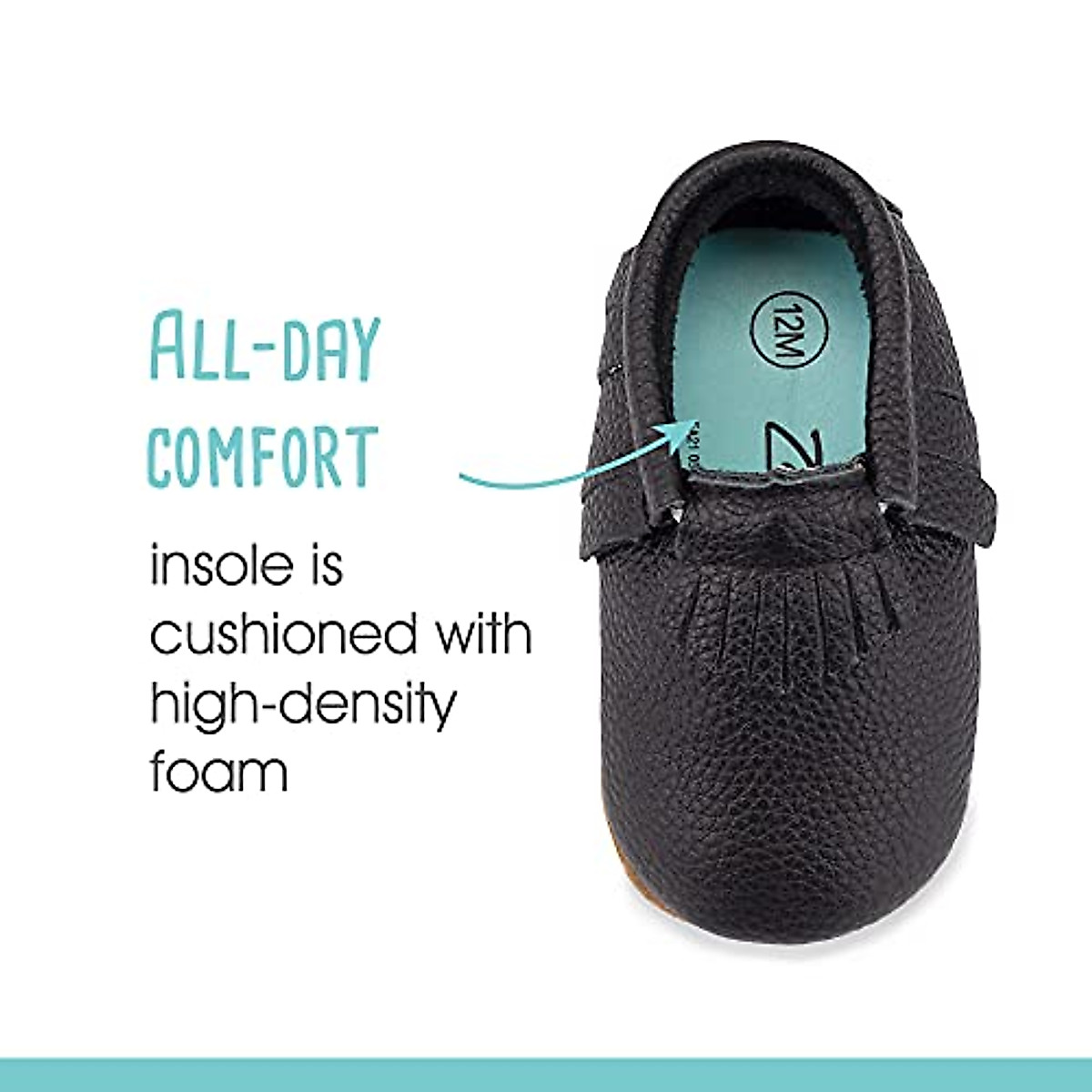 Zutano Unisex Baby Leather Moccasins, Slip Resistant, Soft-Sole Stay On Baby Shoes, Black, 18M