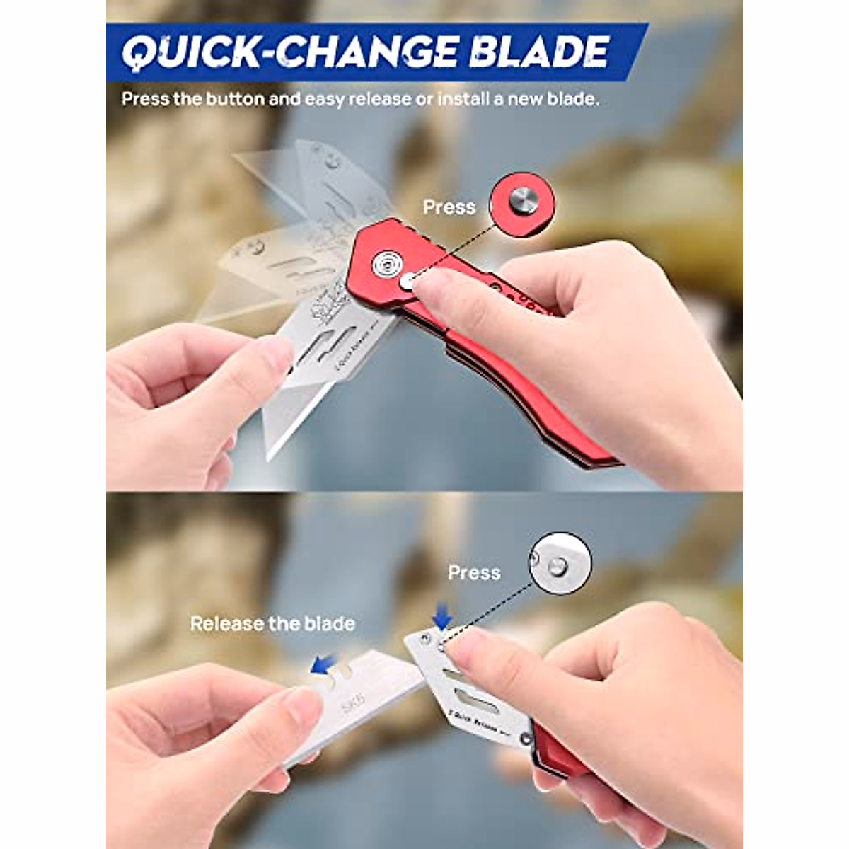 Utility Knife, BIBURY Upgraded Version Heavy Duty Box Cutter, Pocket Carpet knife with 10 Replaceable SK5 Stainless Steel Blades, Belt Clip, Easy Release Button, Quick Change and Safety Lock-Red