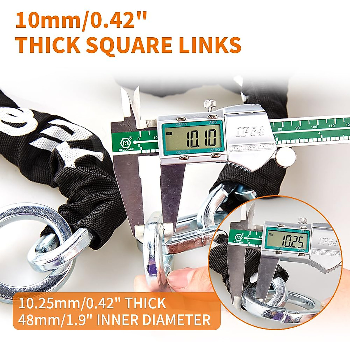 Motorcycle Lock Chain Lock 5.3feet/160cm Long Heavy Duty Anti-Theft Bike Chain Locks Security 10mm Thick Chain with Bright-Colored Lock 4 Keys for Motorcycles,Generator,Containers(8.6lbs)