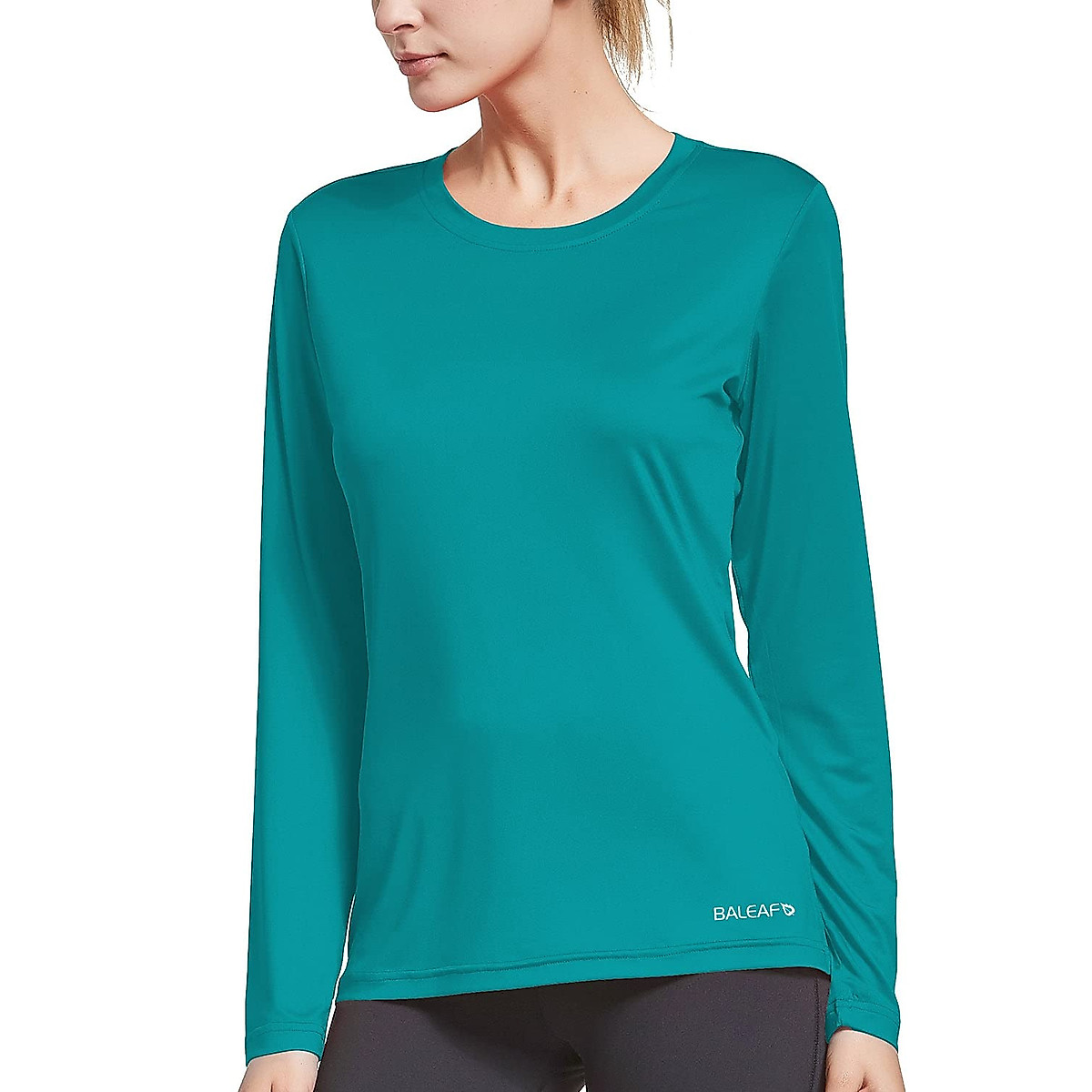 baleaf Women's Long Sleeve Running Shirts Workout Tops Athletic Gym Hiking T-Shirts Moisture Wicking Quick Dry Lightweight Stretchy Teal Size L