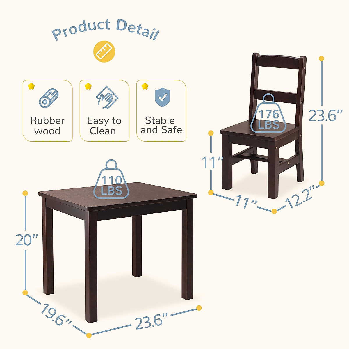 Curipeer Solid Wood Kids Table and 2 Chair Set, Toddler Activity Table and Chairs, Carved Rivet Decoration Furniture for Children's Craft, Playroom, Bedroom, Art, Reading