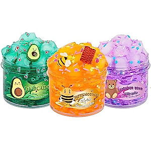 JAiiMen Slime Kit - 3 Pack Jelly Cube Clear Crunchy Slime with Avocado, Honeycomb and Lavender Bear Charms, Preppy and Aesthetic Stuff, Cute Stress Toys and Cool Birthday Gifts for Girls and Boys