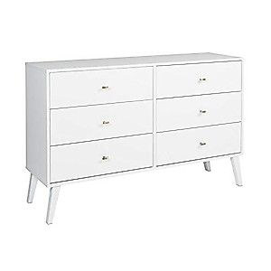 Prepac Milo Mid-Century 6 Drawer Double Dresser for Bedroom, 16" D x 52.50" W x 33" H, White & Milo Mid-Century Modern 2 Drawer Nightstand with Open Shelf, 16" D x 22.5" W x 29.5" H, White