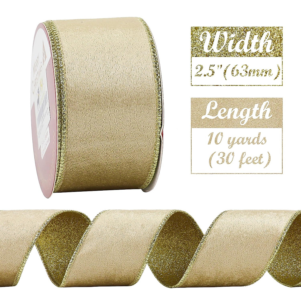 HUIHUANG Champagne Velvet Wired Ribbon 2-1/2" Champagne Gold Christmas Ribbon with Glitter Gold Backing, for Christmas Tree, Tree Top Bows, Wreaths, Graland, Home Decor, Crafts-10 Yards
