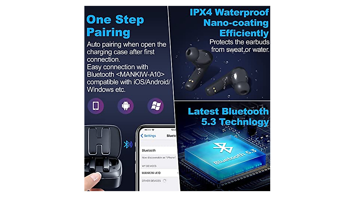 MANKIW Noise Cancelling Wireless Earbuds - Up to 70H Playtime & HiFi Sound