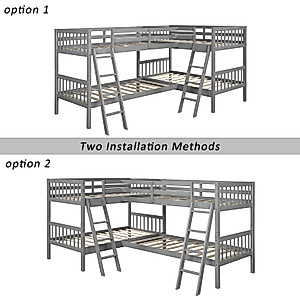 Harper & Bright Designs L-Shaped Twin Size Bunk Bed and Loft Bed, Solid Wood Twin Bunk Bed Loft Bed with Guardrail and Two Ladders for 4 Person (Grey)