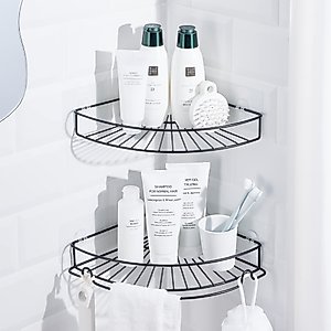 KINCMAX Corner Shower Caddy, Rustproof SUS304 Stainless Steel, Adhesive Wall Mount Double Baskets 2-pack with Built-in Towel Bar (Matte Black)