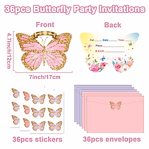 Qyeahkj 36pcs Butterfly Birthday Invitations for Girls with Envelopes Stickers Floral Butterfly Party Celebration Party Supplies Favors for Kids Boys Baby Shower Wedding Decorations