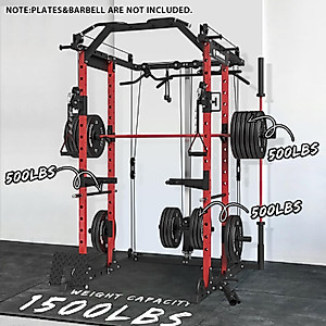 ER KANG Strength Trainer Home Gym Equipment Set, Power Rack with Cable Crossover System, 230LBS Weight Plates, Red Barbell, Red Weight Bench