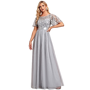 Ever-Pretty Women's Formal Dresses Crew Neck Sequin Ruffle Sleeve Empire Waist Beaded Long Evening Dresses Grey US16