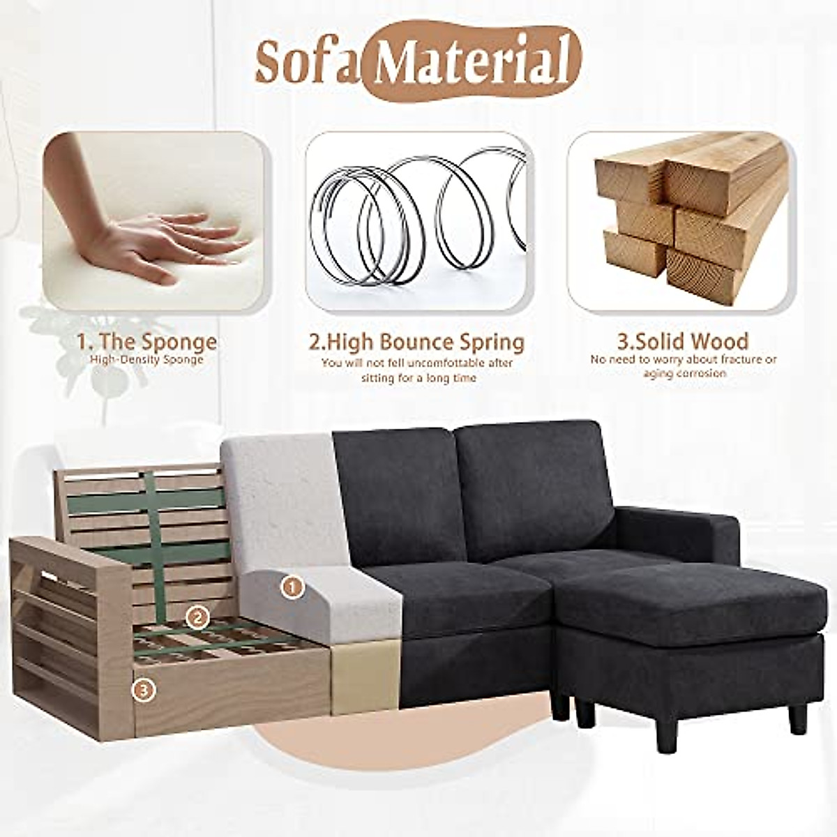 JAMFLY 79'' Sectional Sofa Couch with Storage Ottoman, Living Room Furniture Set Small Deep Convertible Sofa, L-Shaped Couch Wide Reversible Chaise with Linen Fabric (Charcoal Grey)