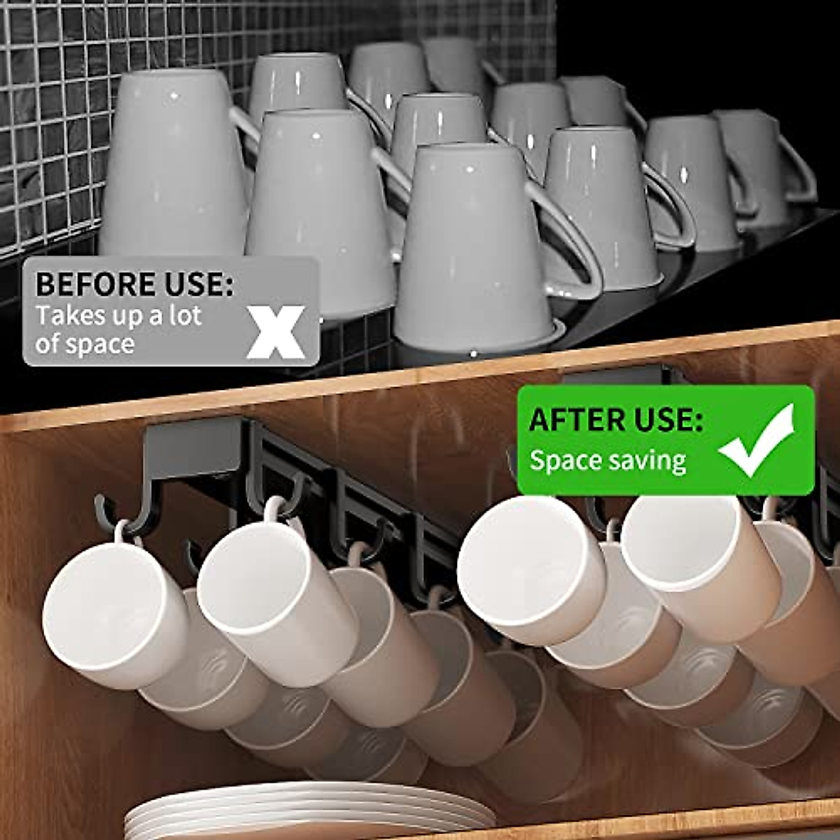 WSVILLE Scalable Mug Rack Under Cabinet - Coffee Mug Holder with 8 Mug Hooks, Convenient for Take Out Mug for Bar, Kitchen Dining Room, Coffee Bar (13.8 Inch)