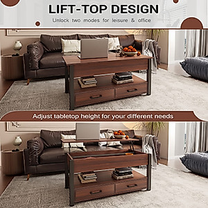 Osfvolr Lift Top Coffee Table, Coffee Table with Storage Drawers and Adjustable Metal Legs, Vintage Wood Living Room Tables with Hidden Compartment and Open Shelf, Espresso