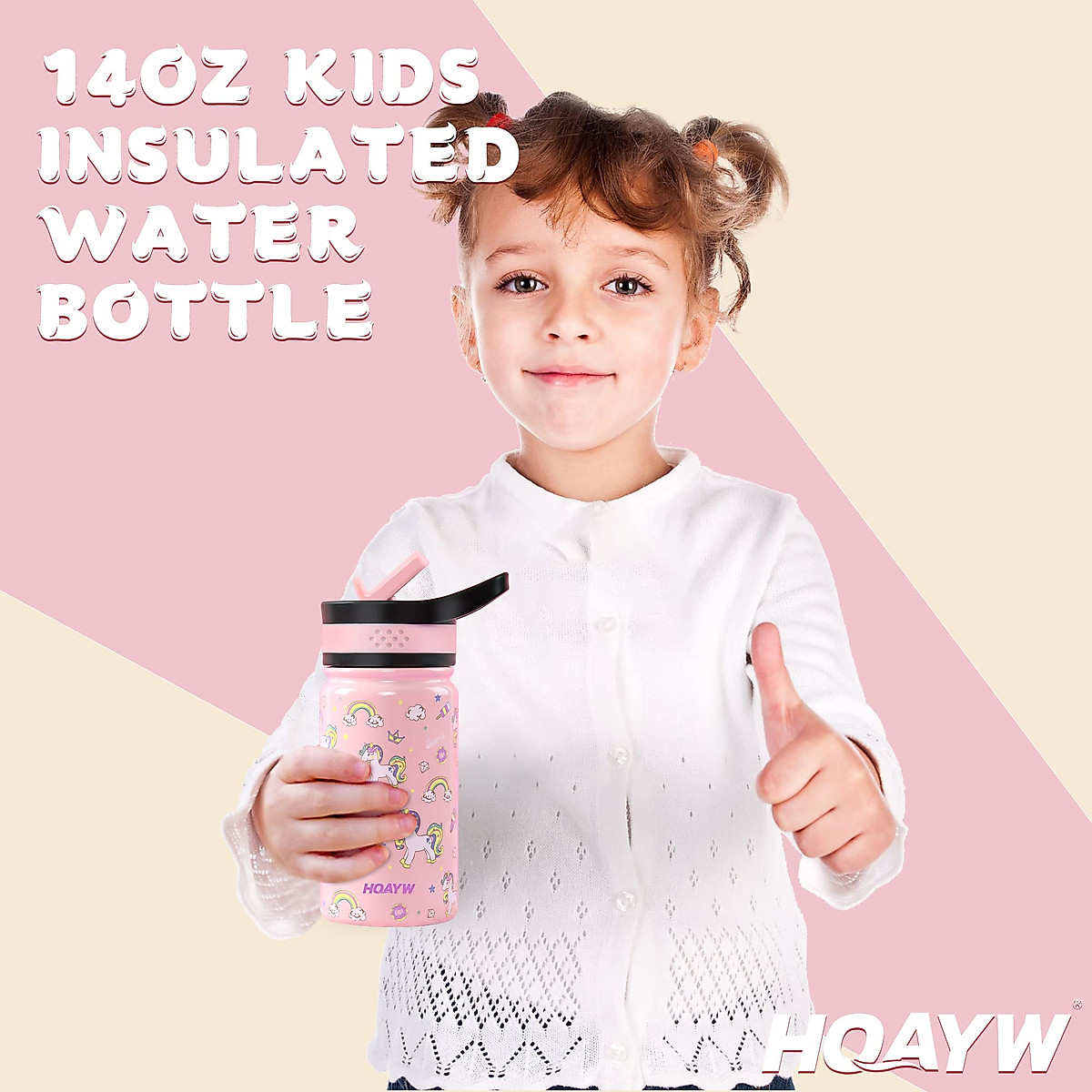 HQAYW Girls Water Bottles for School, 14oz Kids Water Bottle Stainless Steel, Insulated Water Bottle with Straw Cap Leakproof, Wide-Mouth BPA Free Tumbler Cups Metal Canteen for Sports, Unicorn