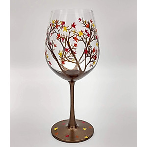 Autumn Tree Wine Glass - Fall Colors - Leaves of Red, Yellow, Orange - Hand Painted - Fall Leaf - 20 ounce