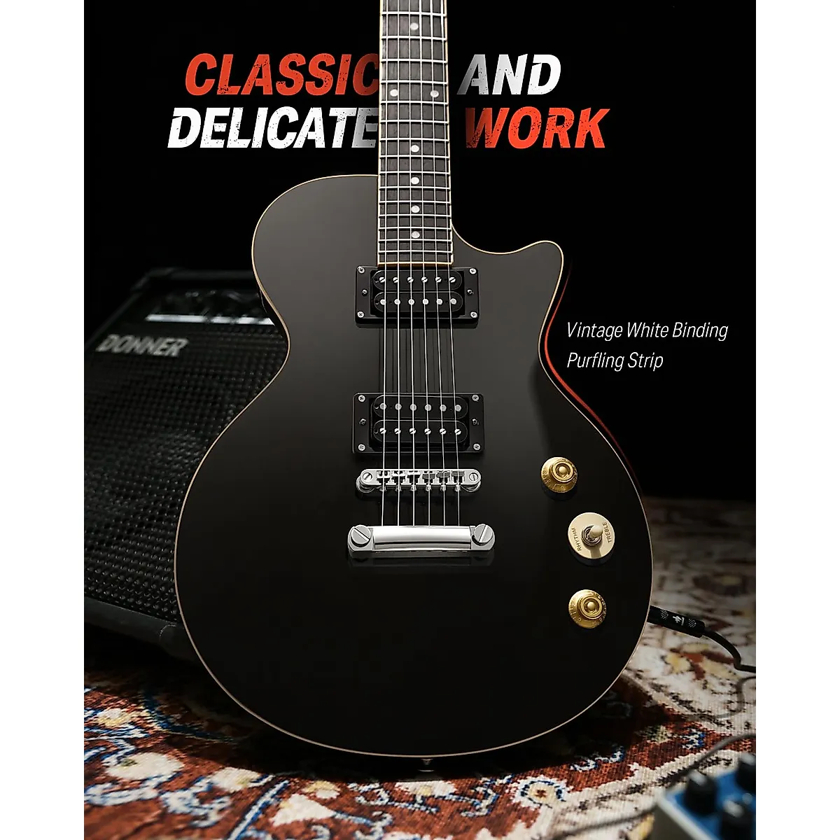 Donner Electric Guitar LP Solid Body, Full-Size 39 Inch Electric Guitar Beginner Kit Black with Bag, Cable, Strap, DLP-124B