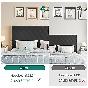 YITAHOME King Velvet Bed Frame with 53" Tall Headboard,Upholstered Platform Bed with 2 USB C/A, Button Tufted Velvet Headboard,No Box Spring Needed,Noise-Free (Black, King)