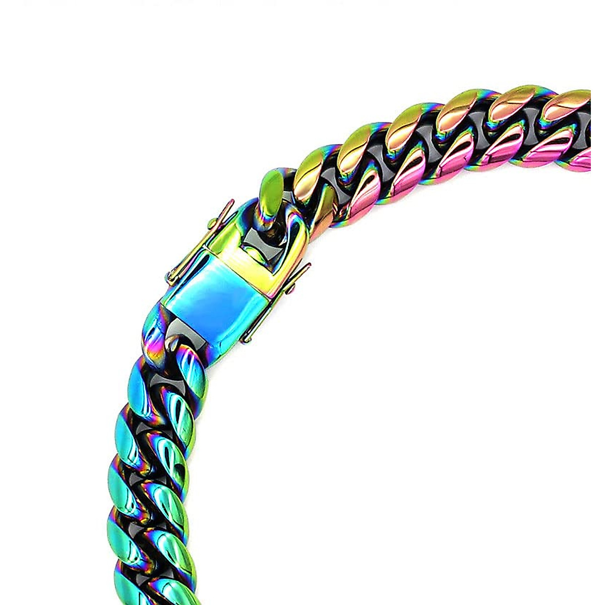 ROWIN&CO Mens Chunky Miami Cuban Link Chain - Rainbow Multicolor Stainless Steel Curb Necklace, Nickel-free, Colorful Chains, Hip Hop Jewelry Choker Chain, 15mm/18-35 inch.
