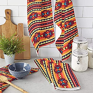 Kitchen Towel Indian Geometric Ethnic Tribal Art Dish Cloths 4 Pack 18x28in,Super Absorbent Tea Hand Towels Bathroom Cleaning Cloth Abstract Vintage Native Texture Soft Dishcloth for Drying Dishes