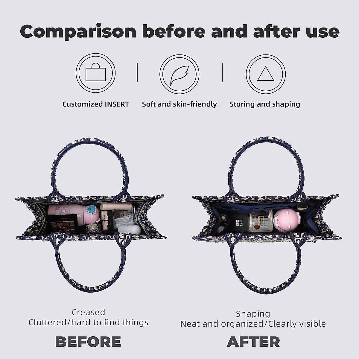 XYJG Purse Handbag Silky Organizer Insert Keep Bag Shape Fits Booktote Mini/Small/Medium/Large bags, Luxury Handbag Tote Lightweight Sturdy(Craie,Booktote Medium)