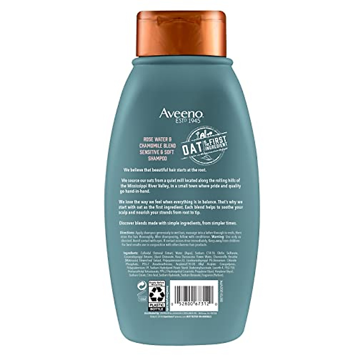 Aveeno Rose Water & Chamomile Blend Sulfate-Free Shampoo with Colloidal Oat for Dry & Sensitive Scalp, Gentle Cleansing Shampoo for Fine, Fragile Hair, Paraben & Dye-Free, 12 Fl Oz