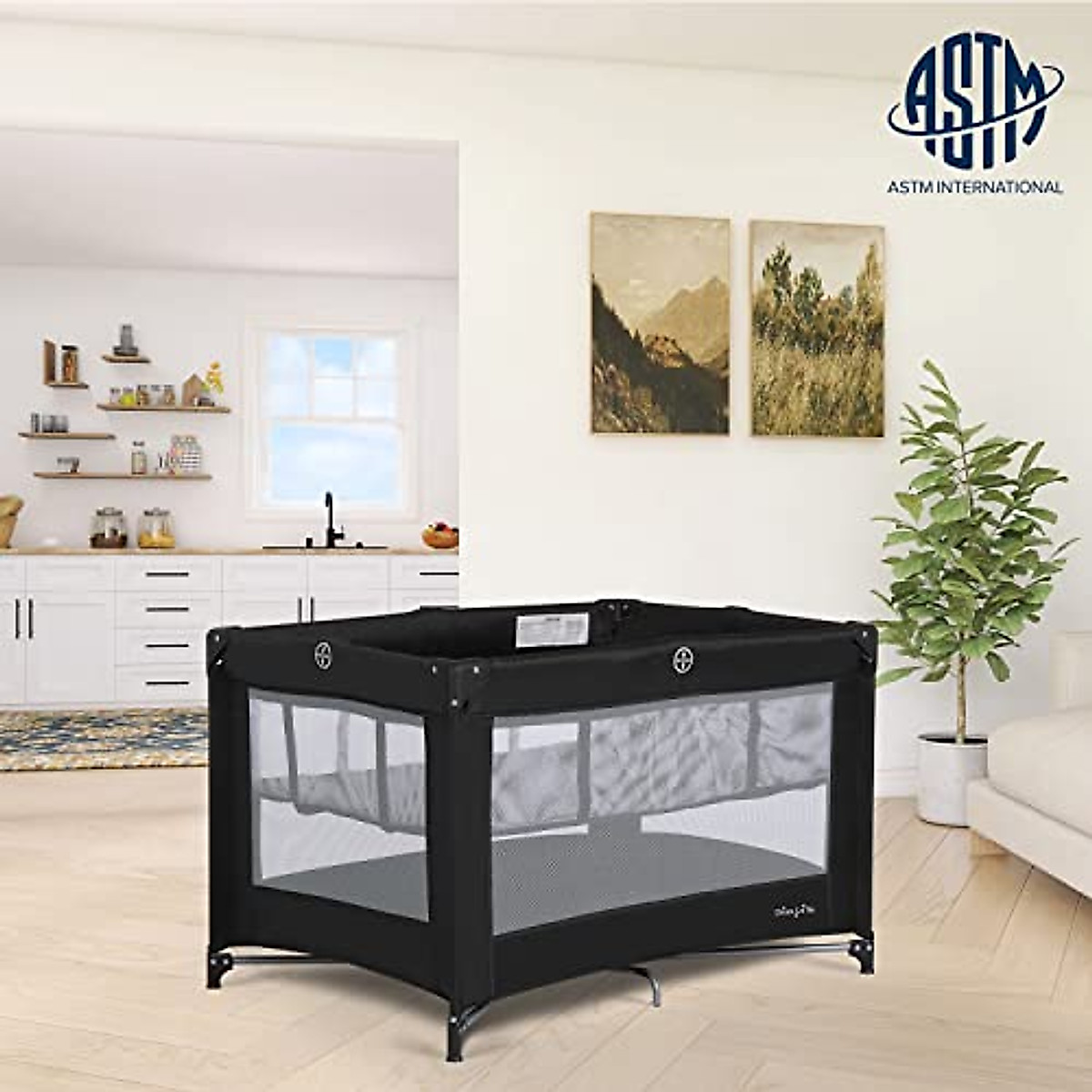 Dream On Me Zazzy Portable Playard with Bassinet in Black, Packable and Easy Setup Baby Playard, Lightweight and Portable Playard for Baby with Mattress and Travel Bag