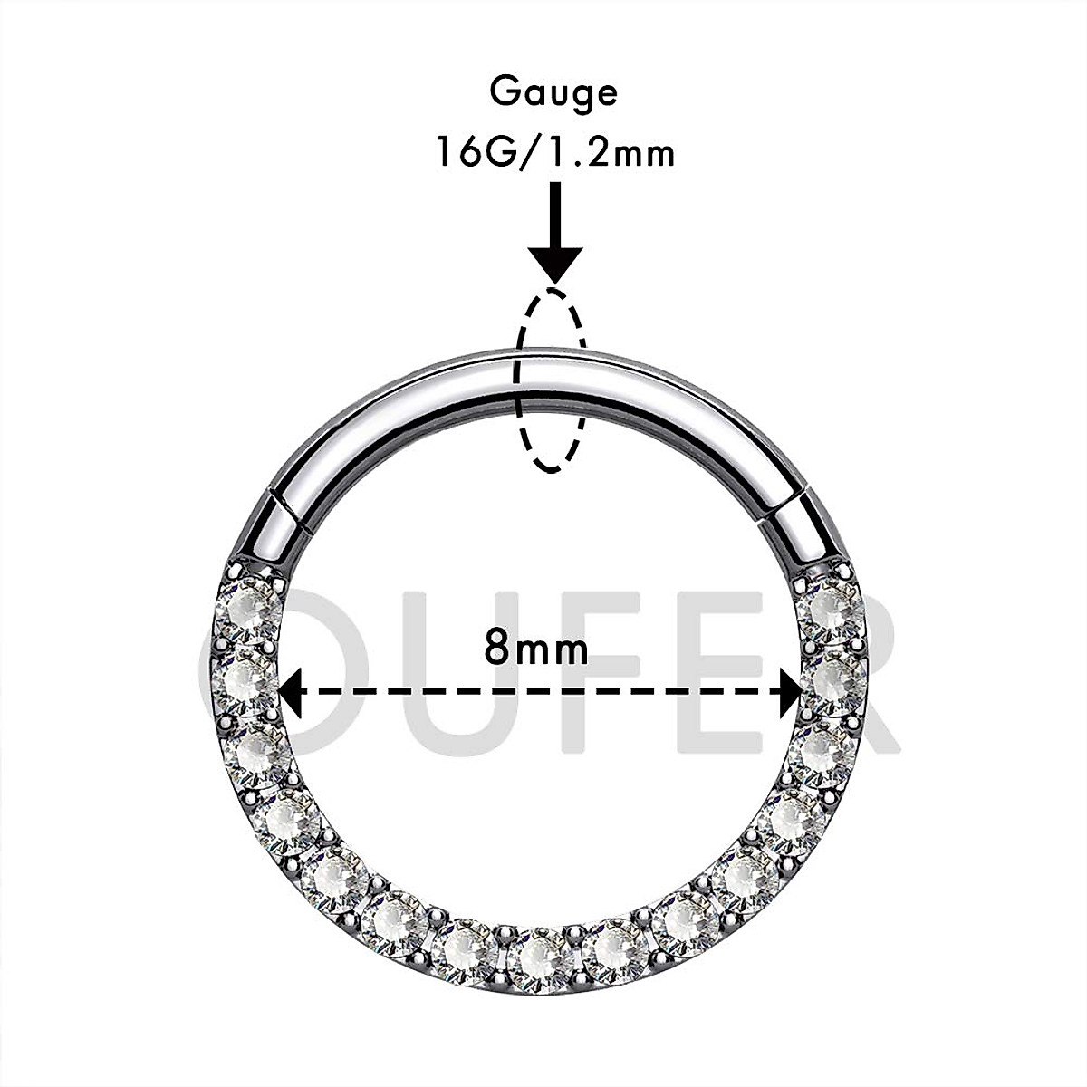 OUFER Titanium Daith Earring Hoop Solid G23 Cartilage Tragus Helix Rings 16G Titanium Septum Piercing Jewelry Hinged Segment Hoop With Clear CZ Paved