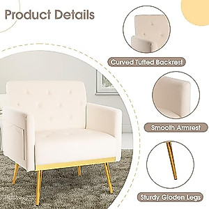 COCO DESIGN Velvet Accent Chair Set of 2 w/Gold Metal Legs, Mid Century Modern Reading Chair w/Side Pocket，Comfy Single Sofa Armchair for Living Room, Bedroom, Beige
