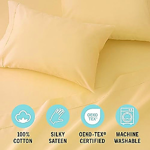 MARTHA STEWART 100% Cotton Queen Sheet Set - 4 Piece, Soft, Smooth, Durable, Easy Care, 16" Deep Pocket Sheets, Bedding Sheets, Sateen Sheets, 1 Flat, 1 Fitted, 2 Pillowcases, Yellow
