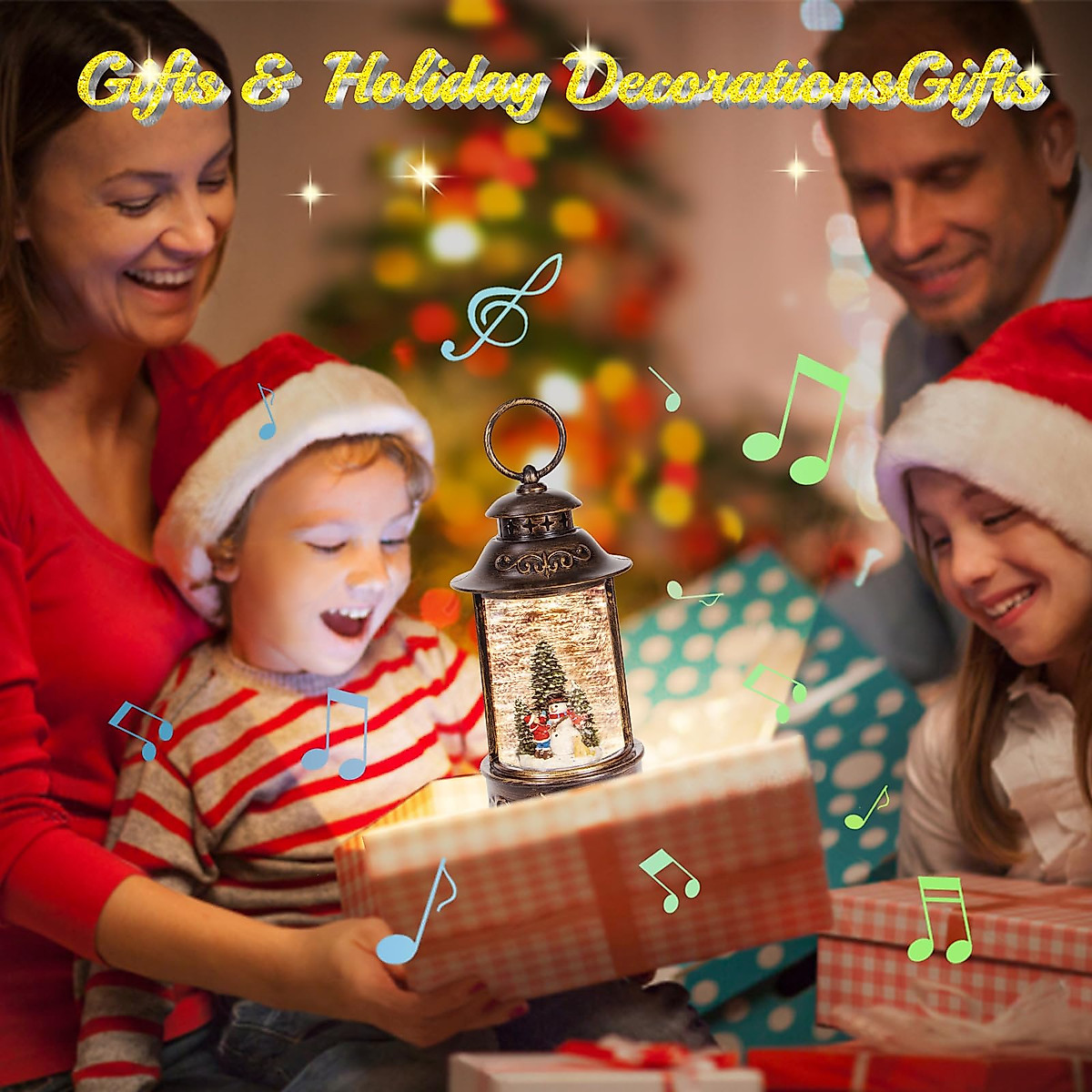 Christmas Snow Globe Lantern Musical,6H Timer Cylinder Glitter Snow Globe,Bronze Snow Globes Christmas with Music Box Including 8 Songs,Lantern with Xmas Tree Snowman Decor