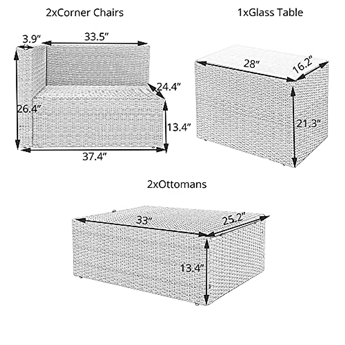TJLSS Outdoor Patio Furniture 5-Pcs Set Wicker Rattan Sectional Sofa Set 2 Corner Chair+1 Tea Table+2 Ottoman Brown&Gray