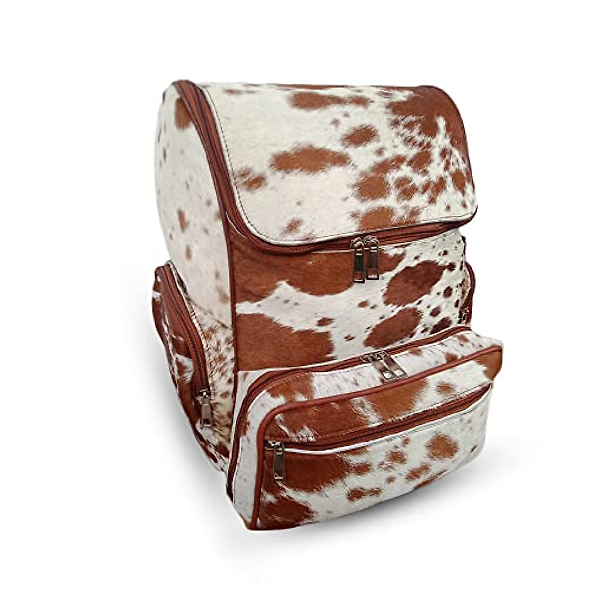 Cowhide Backpack Hair On | Fur Leather Diaper Backpack Rucksack / Knapsack Travel Shoulder Bag / Cow Skin Baby Bags (Salt Pepper Brown and White)