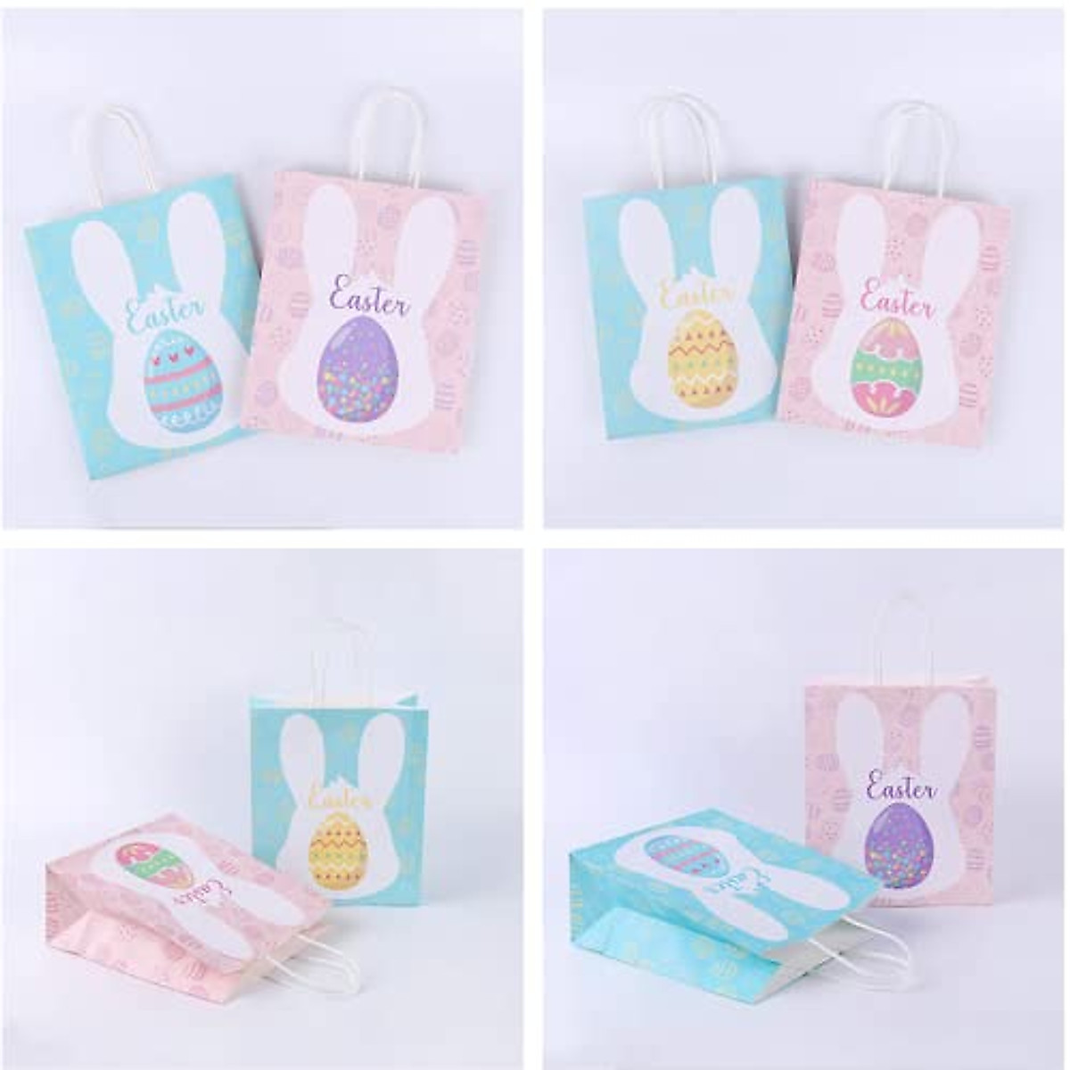 KEPATO 12 PCS Easter Gift Bags Paper Bag with Handles Bunny Design for Easter Egg Hunts, Party Favors Candies Goodie Bags Bulk,Packaging, Gifts