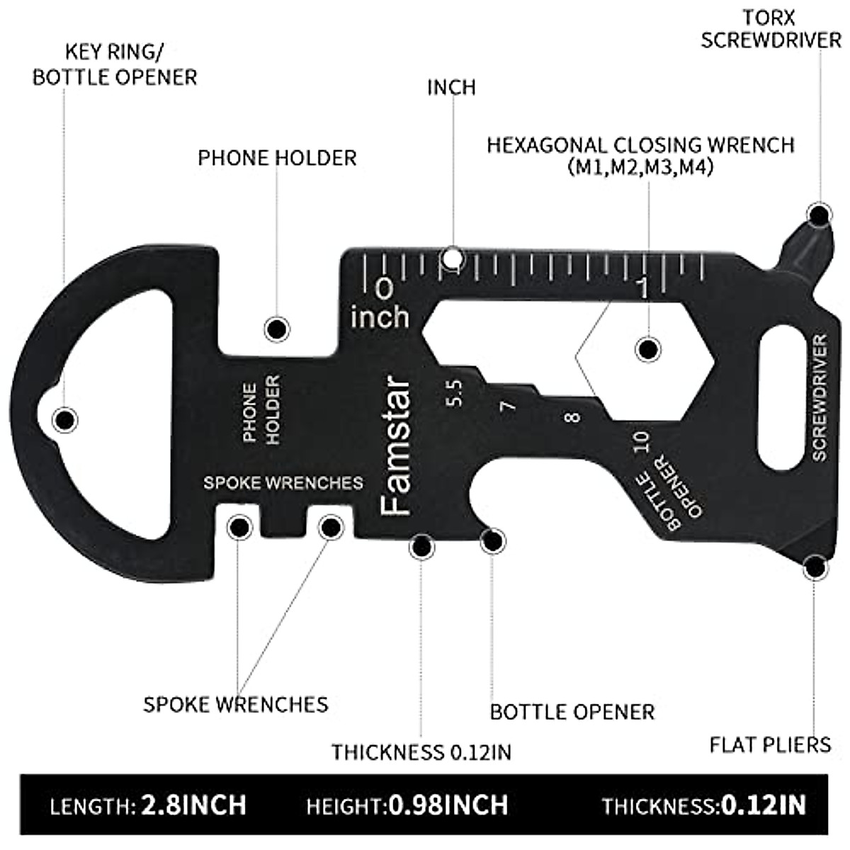 Famstar Keychain Multi-tool 3Pack Metal Pocket Tool for men Portable No rust multi-function tools Wrench for Screw,ruler and bottle opener,19 in 1 Total Routine maintenance.