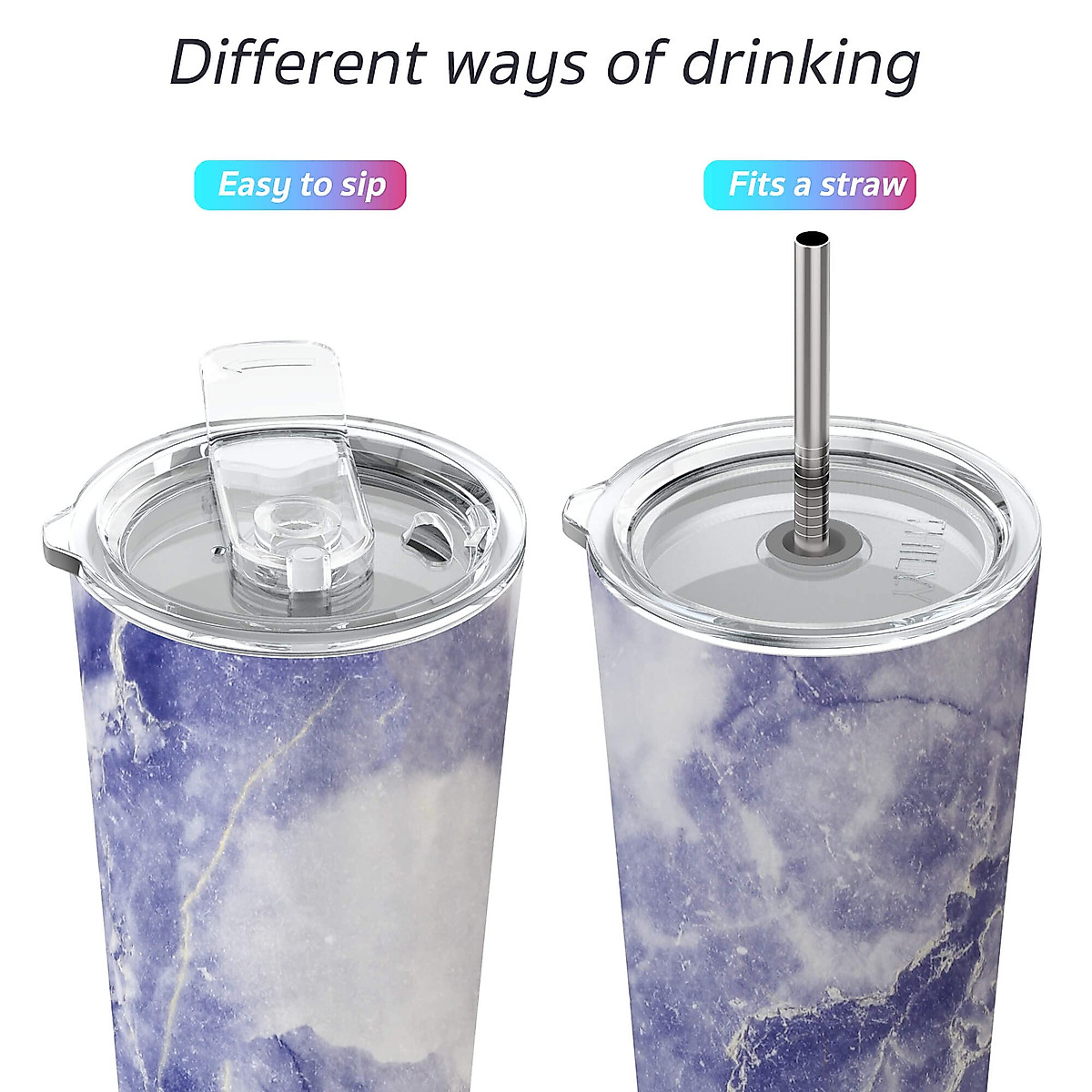 THILY Stainless Steel Vacuum Insulated Tumbler Travel Mug 26 oz Coffee Cup with 2 Lids and Straws, Splash Proof, Keep Ice Drinks Cold, Blue Marble