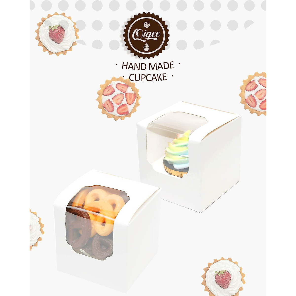 qiqee 60-Packs Cupcake Boxes Auto-pop up Individual Cupcake Container White 3.5" x 3.5" x 3.5" Single Cupcake Boxes