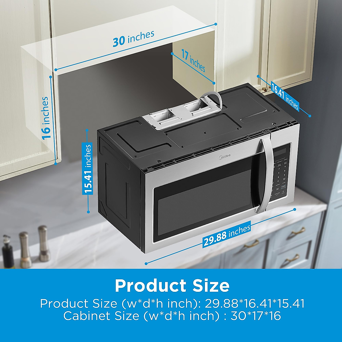 Midea MOR17BSA-SS 1.7 Cu.ft. Over The Range Microwave Oven with Smart Touch Panel, Auto Cooking Menu, 1000 W, 300 CFM Ventilation, in Stainless Steel