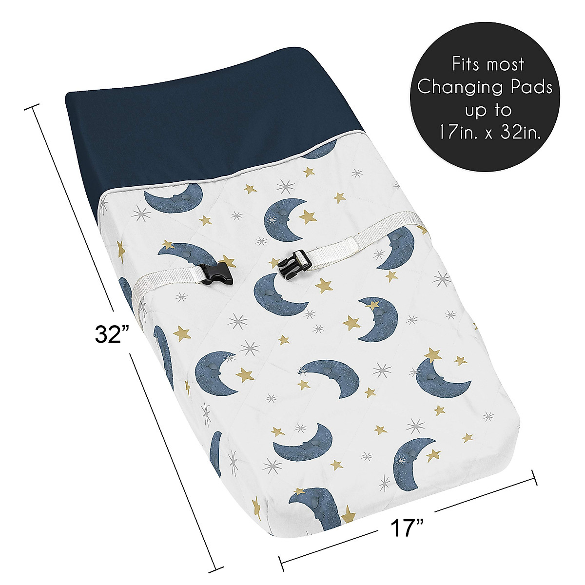 Sweet Jojo Designs Moon and Star Boy or Girl Baby Nursery Changing Pad Cover - Navy Blue and Gold Watercolor Celestial Sky