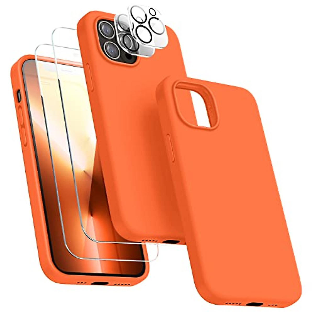 Dssairo [5 in 1 for iPhone 13 Pro Max Case 6.7 inch, with 2 Pack Screen Protector + 2 Pack Camera Lens Protector, Liquid Silicone Ultra Slim Shockproof Protective Phone Case (Orange)